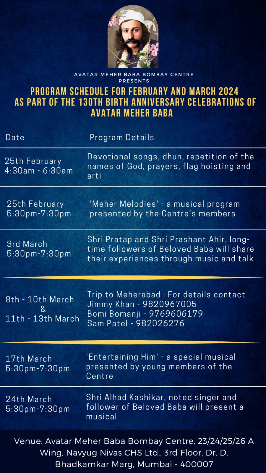BELOVED BABA’S 130TH BIRTH ANNIVERSARY CELEBRATIONS – PROGRAM SCHEDULE ...
